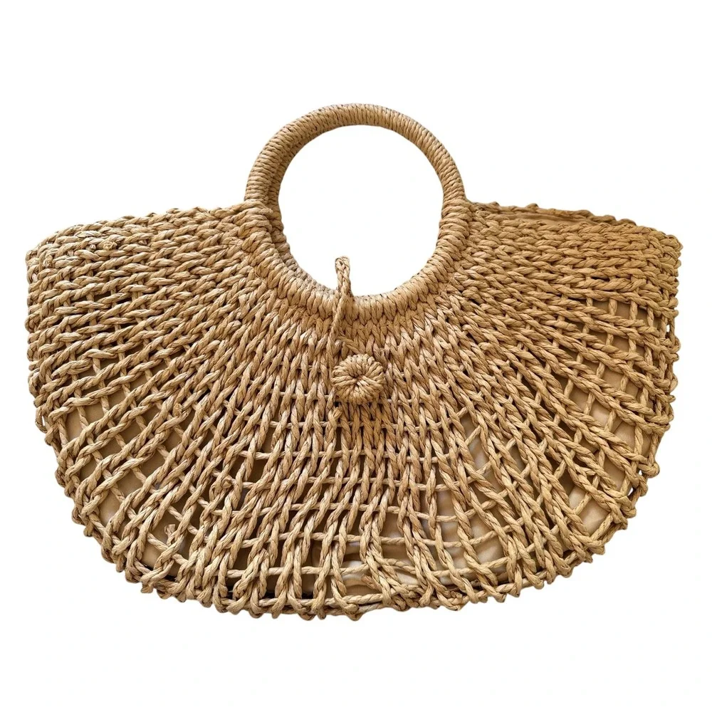 Bags | Womens Natural Straw Woven Handbag Semi Circle Tote Beach Bag ...